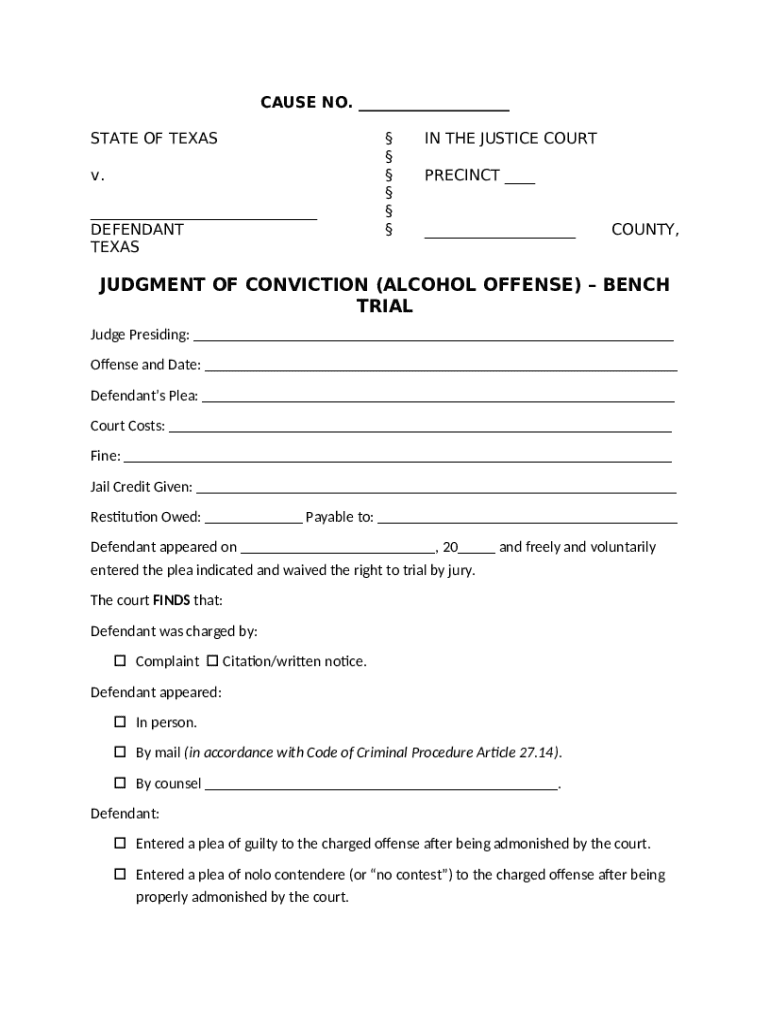 Judgment of Conviction of Alcohol Offense - Bench Trial Doc Template ...