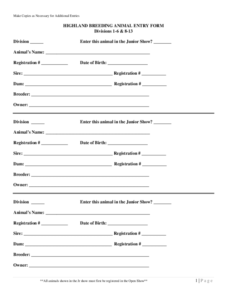 Fillable Online Highland Breeding Animal Entry Form Fax Email Print ...