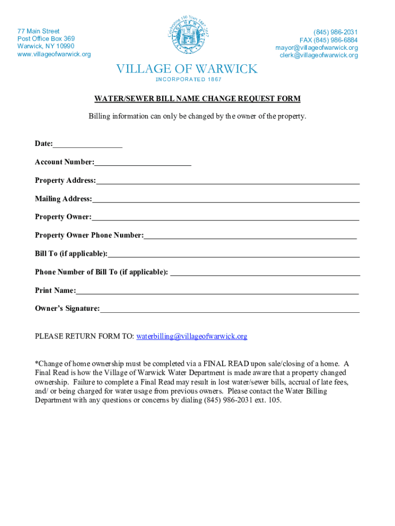 Fillable Online Water/sewer Bill Name Change Request Fax Email Print ...