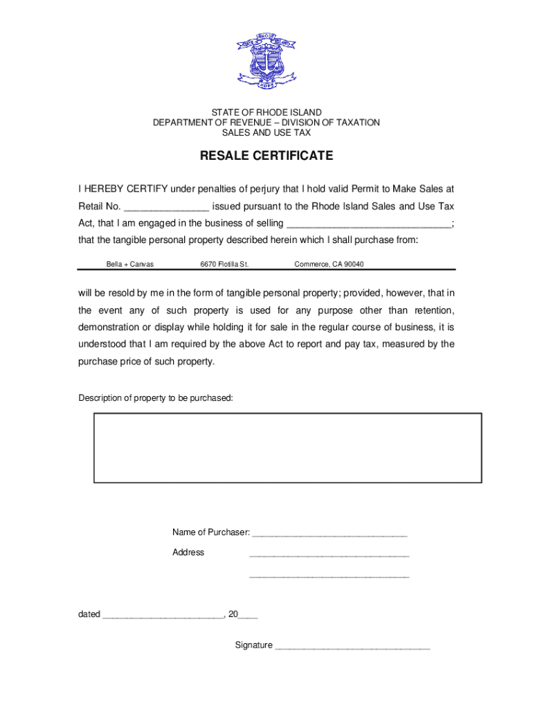 Fillable Online Ri Resale Certificate Form - Fill Online, Printable ...