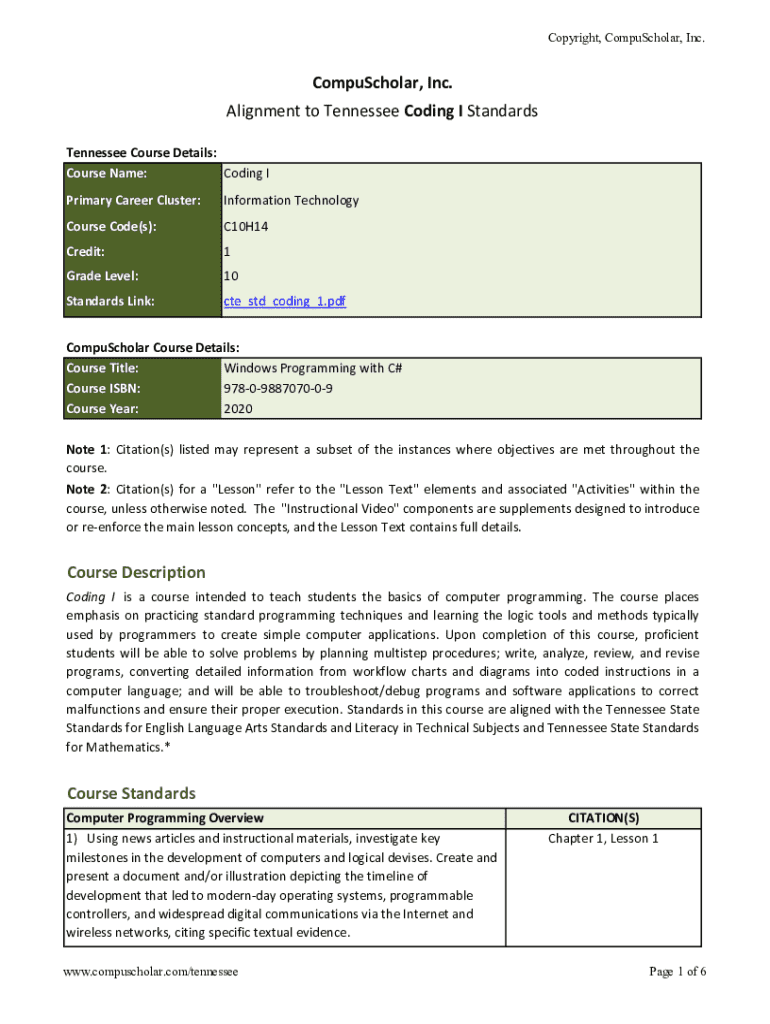 Fillable Online Alignment to Tennessee Coding I Standards Fax Email ...