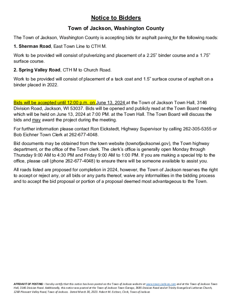 Fillable Online Bids for Asphalt Paving in the Town of Jackson Fax ...