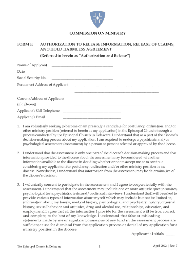 Fillable Online COMMISSION ON MINISTRY FORM F: AUTHORIZATION ... Fax ...