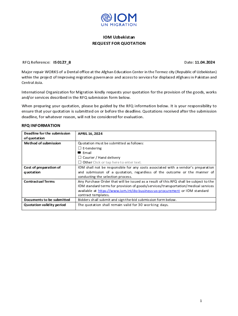 Fillable Online IOM Uzbekistan REQUEST FOR QUOTATION RFQ INFORMATION Fax Email Print - pdfFiller