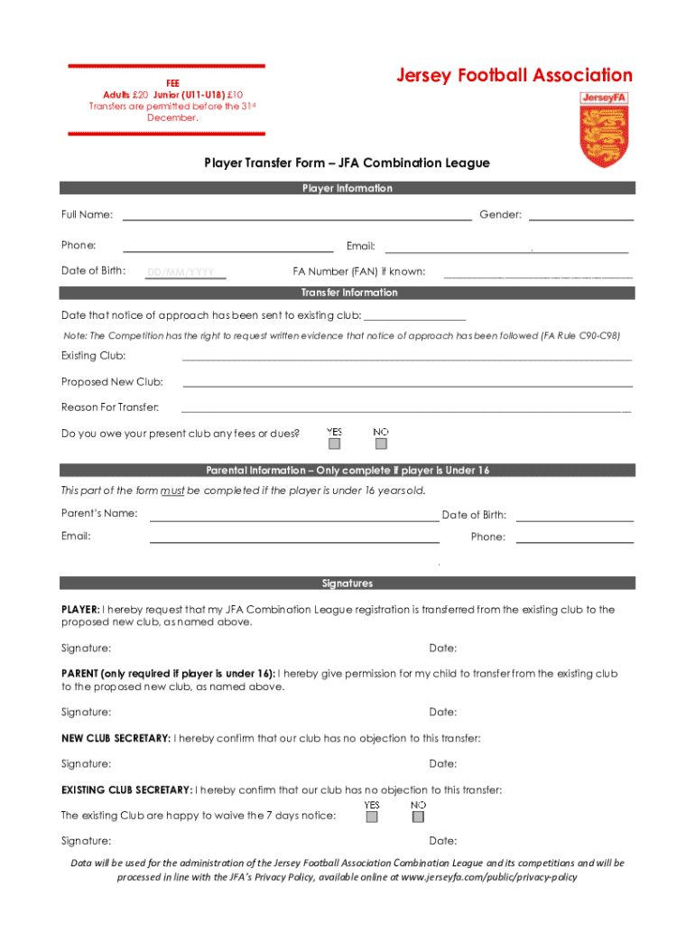 Fillable Online Player Transfer Form - Jersey Football Association Fax ...