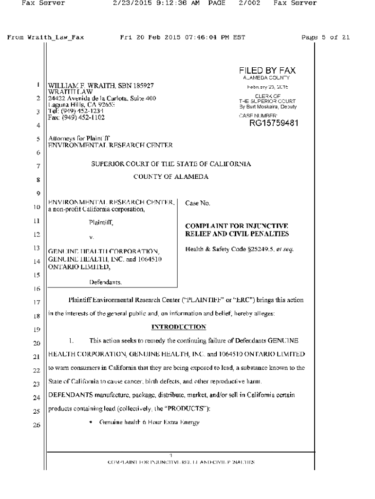 Fillable Online Complaint for Injunctive Relief and Civil Penalties ...