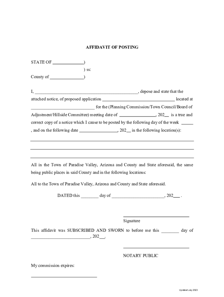 Fillable Online AFFIDAVIT OF POSTING STATE OF ) ) ss: County of ) I ...