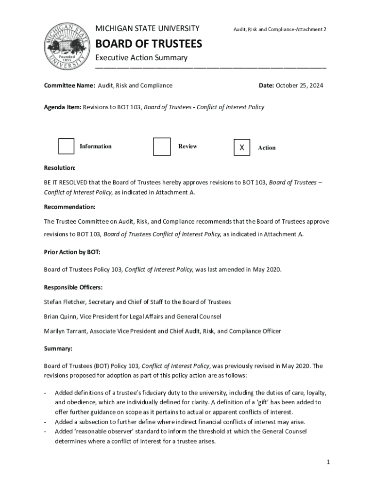 Fillable Online Revisions to Bot 103, Board of Trustees - Conflict of Interest Policy Fax Email ...