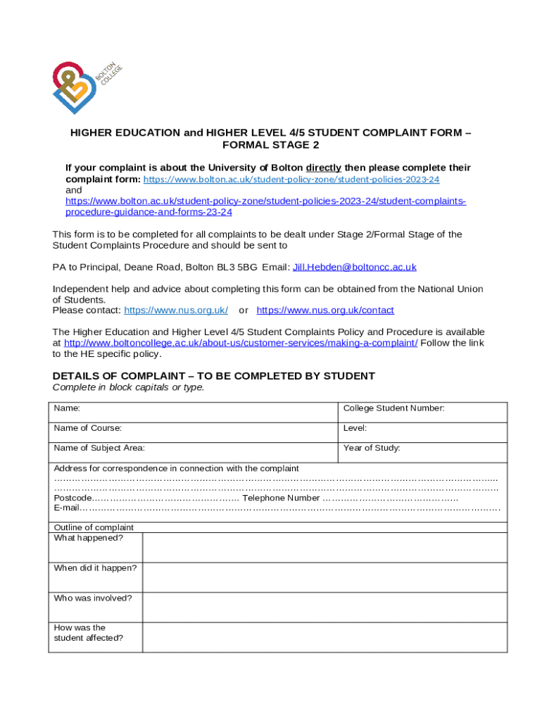 Higher Education and Higher Level 4/5 Student Complaint - al Stage 2 Doc Template | pdfFiller