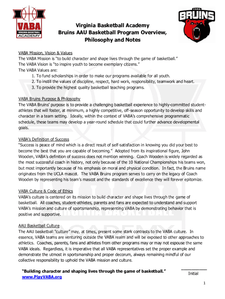 Fillable Online Vaba Bruins Aau Basketball Program Overview Fax Email ...