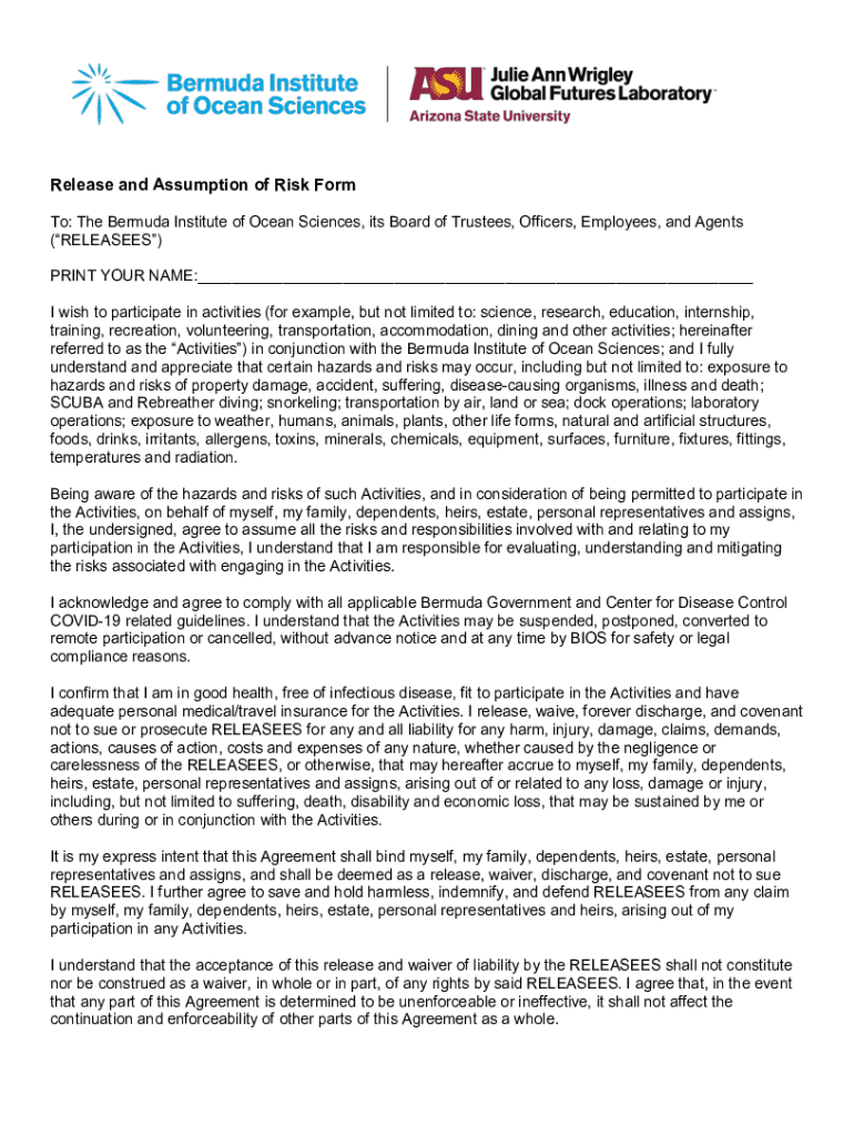 Fillable Online Release and Assumption of Risk Form Fax Email Print ...