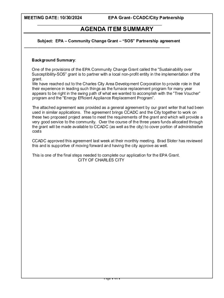 Fillable Online epa community change grant partnership agreement for ...