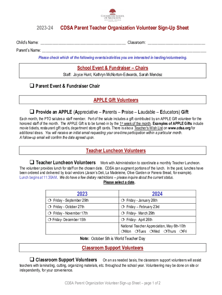 Fillable Online 2023-24 CDSA Parent Teacher Organization Volunteer Sign ...