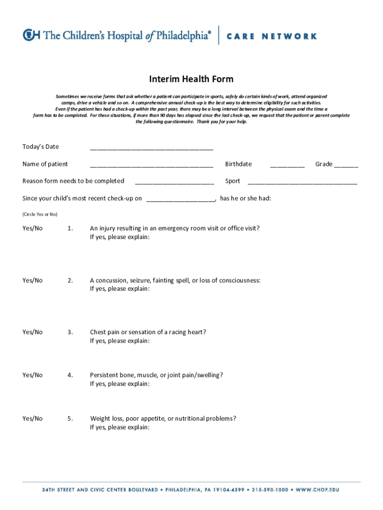 Fillable Online Interim Health Questionnaire for Sports and Activities ...