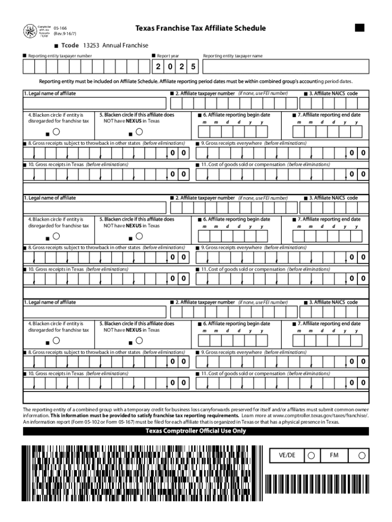 Fillable Online Form 05-166, 2025 Texas Franchise Tax Affiliate ...