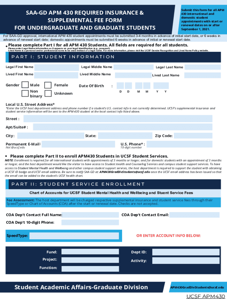 Fillable Online Required Insurance & Supplemental Fee Form for Apm 430 Students Fax Email Print ...