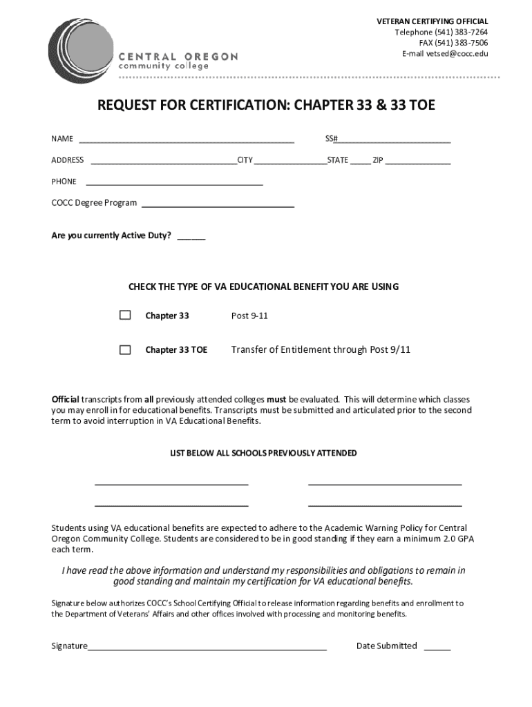 Fillable Online Va Educational Benefits Certification Request Fax Email Print - pdfFiller