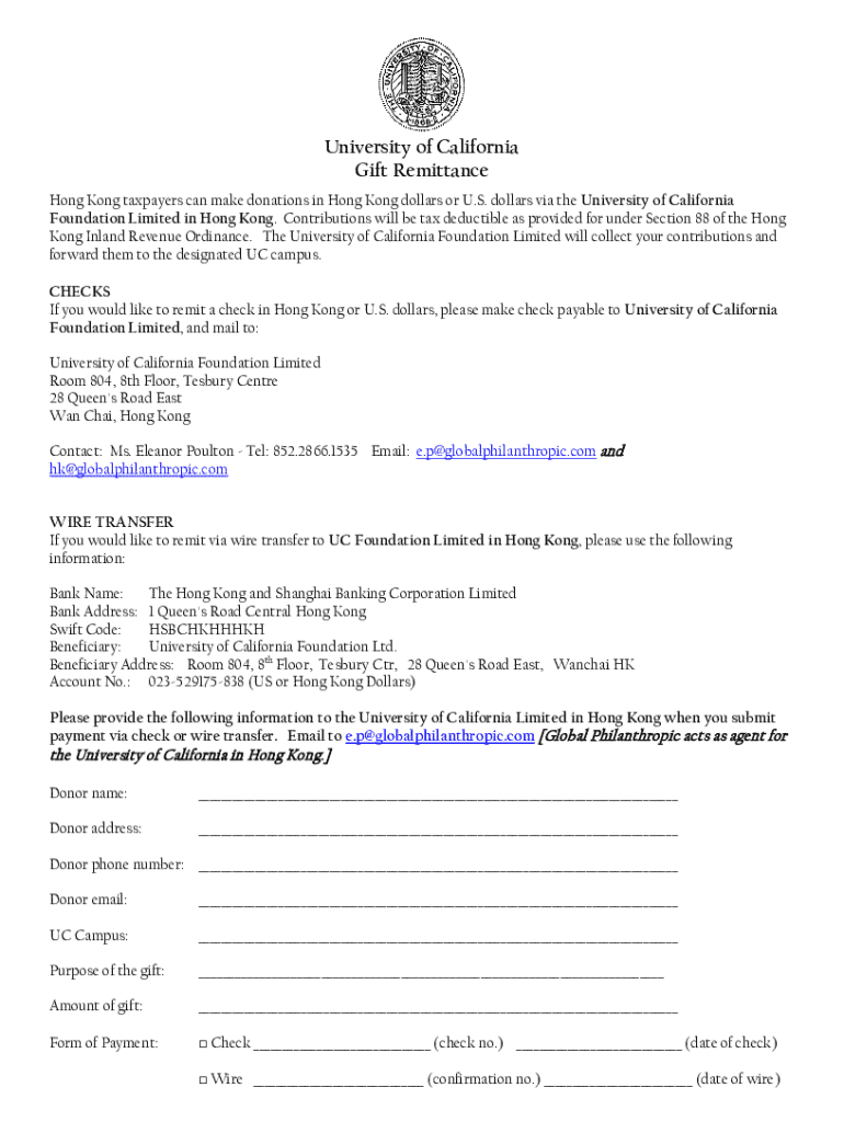 Fillable Online University of California Gift Remittance Information ...