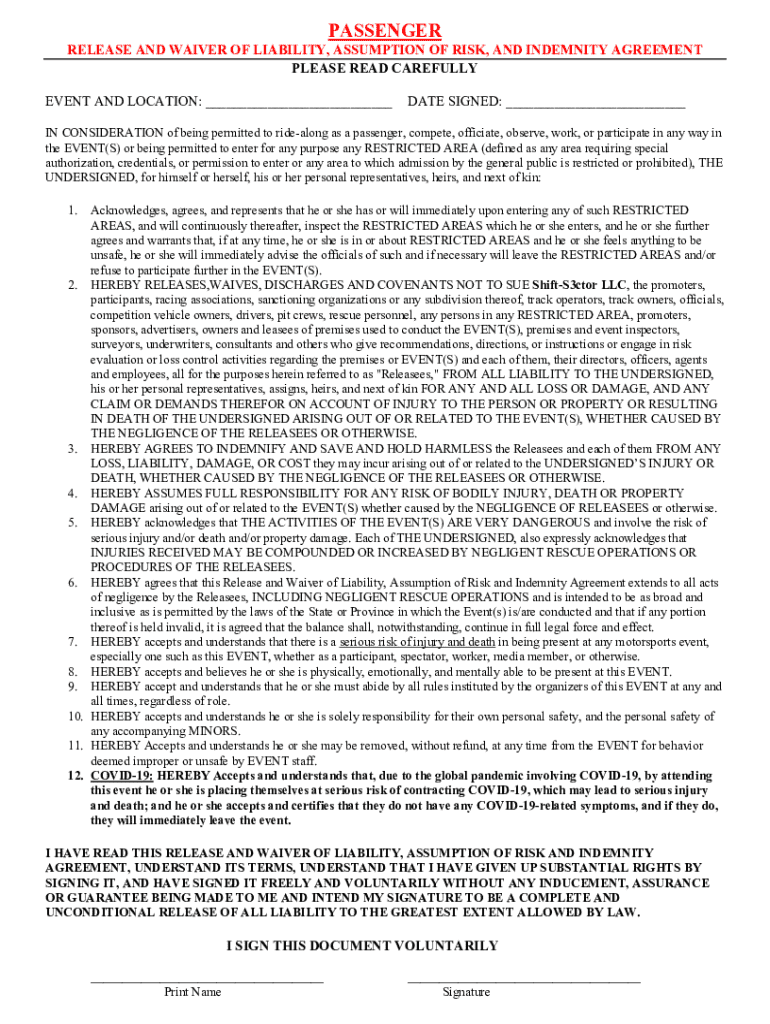Fillable Online Release and Waiver of Liability, Assumption of Risk ...