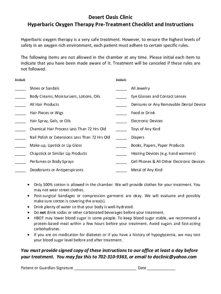 Fillable Online Hyperbaric Oxygen Therapy Pre-treatment Checklist and ...
