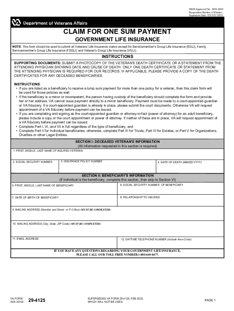 Fillable Online VA Form 29-4125. Claim for One Sum Payment - Government ...