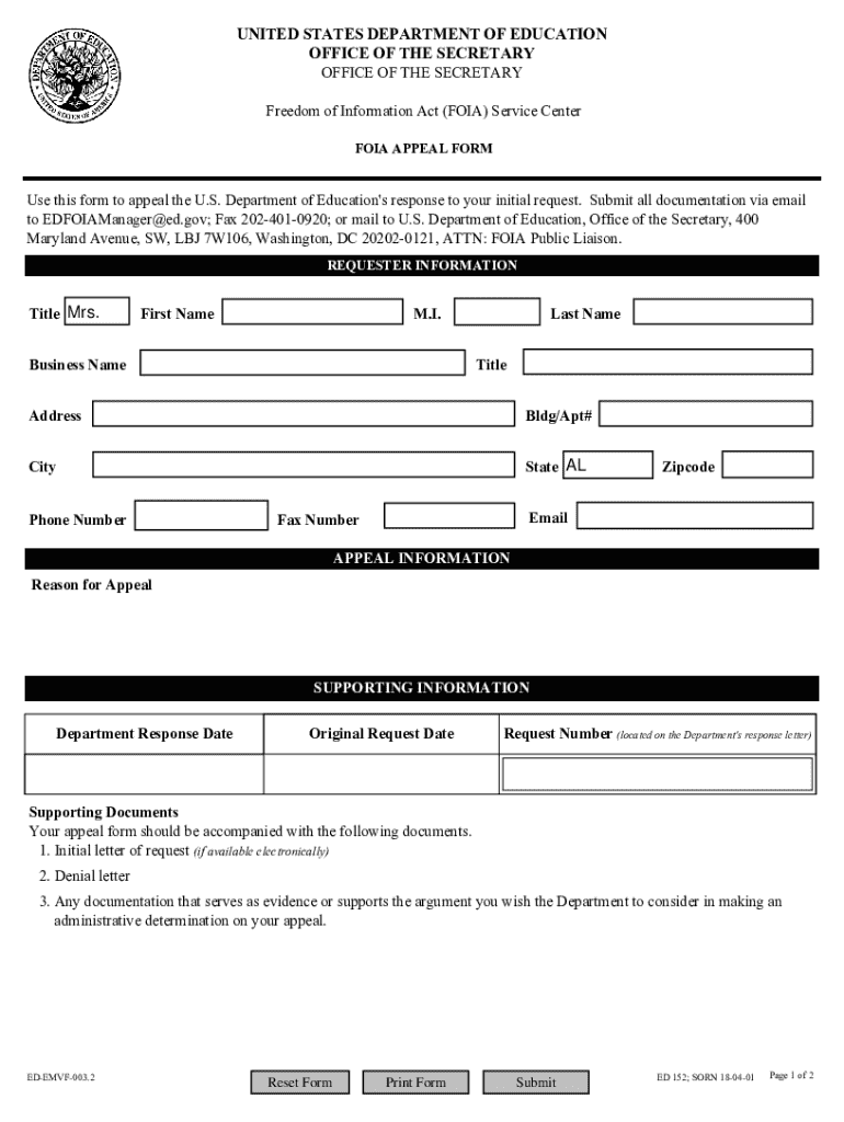 Fillable Online Freedom of Information Act (foia) Appeal Form Fax Email ...