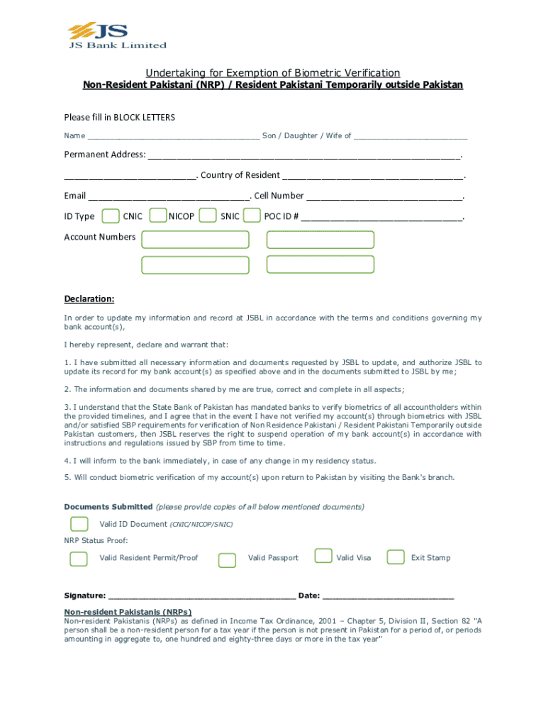 Fillable Online Non-Resident Pakistani (NRP) / Resident Pakistani Temporarily outside Pakistan ...