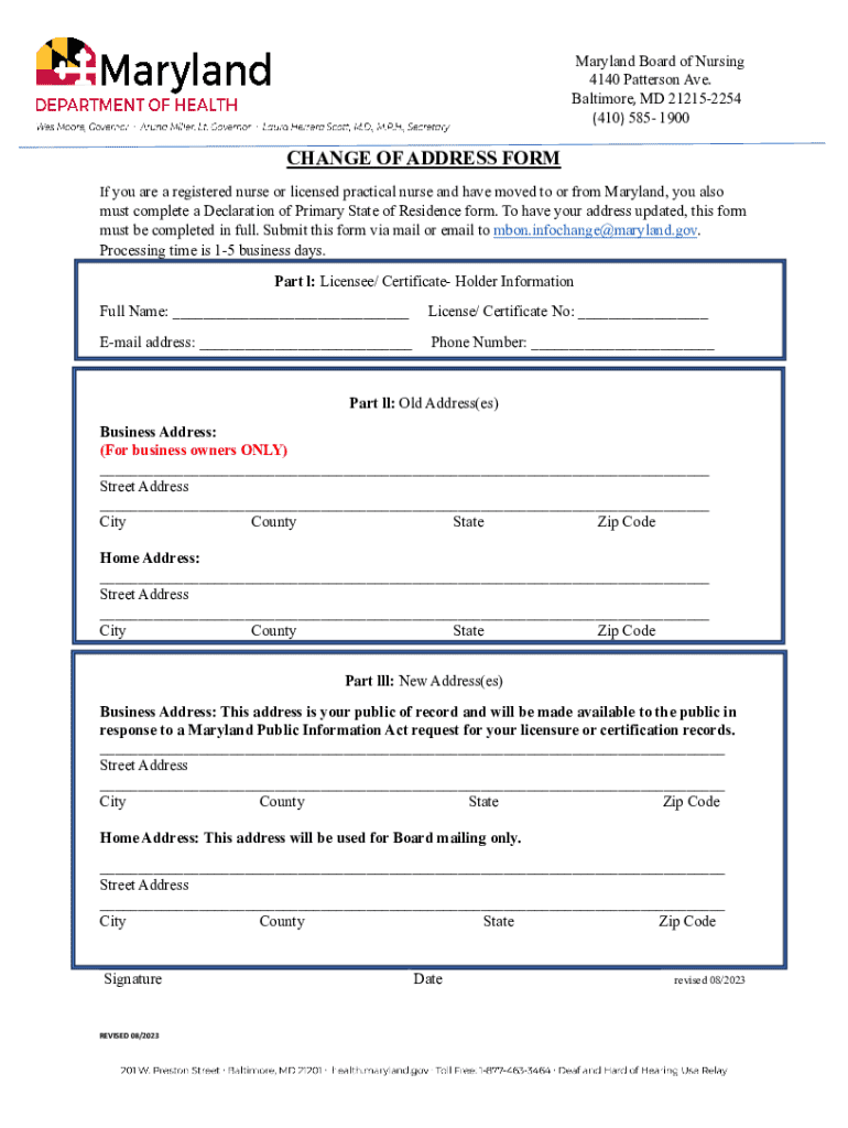 Fillable Online Maryland Board of Nursing Change of Address Form Fax Email Print - pdfFiller