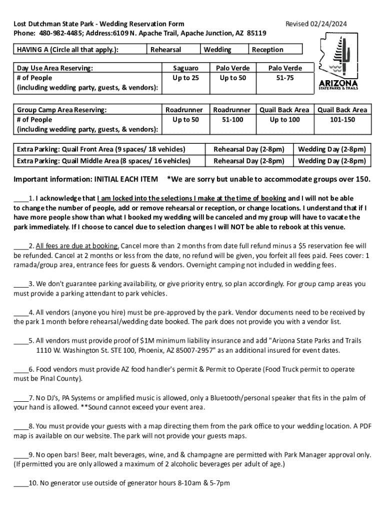 Fillable Online Lost Dutchman State Park Wedding Reservation Fax Email ...