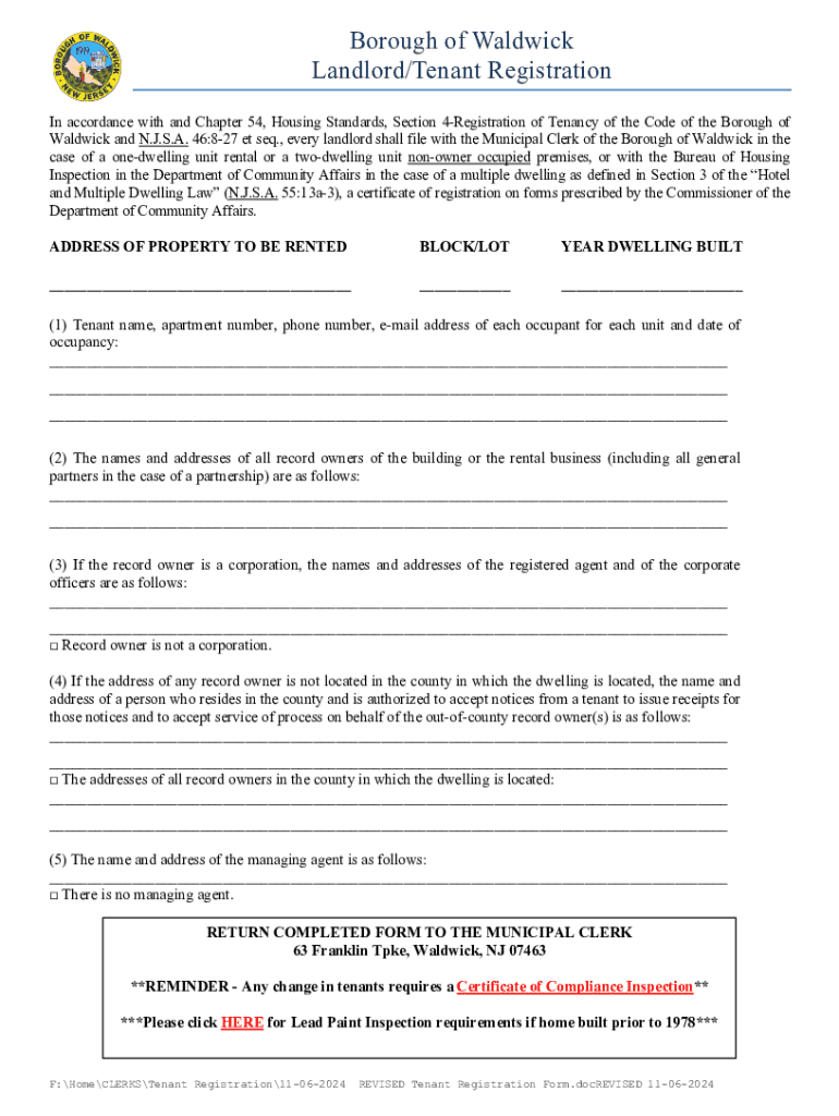 Fillable Online Borough of Waldwick Landlord/tenant Registration Fax ...