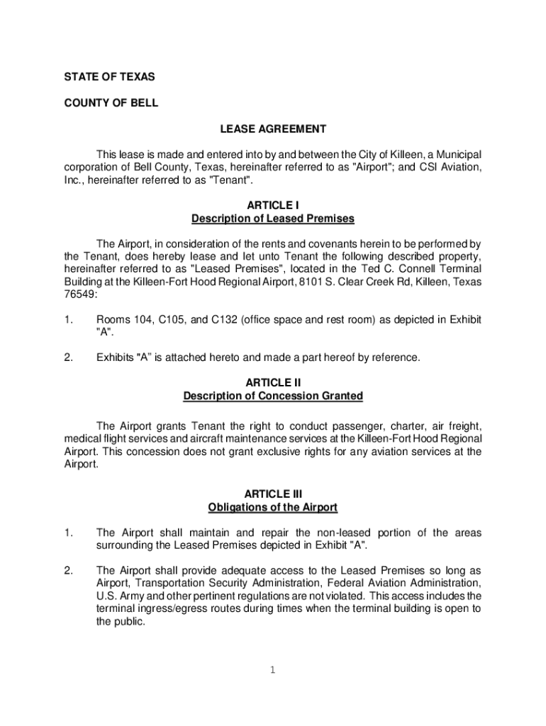 Fillable Online Lease Agreement Between City of Killeen and Csi ...
