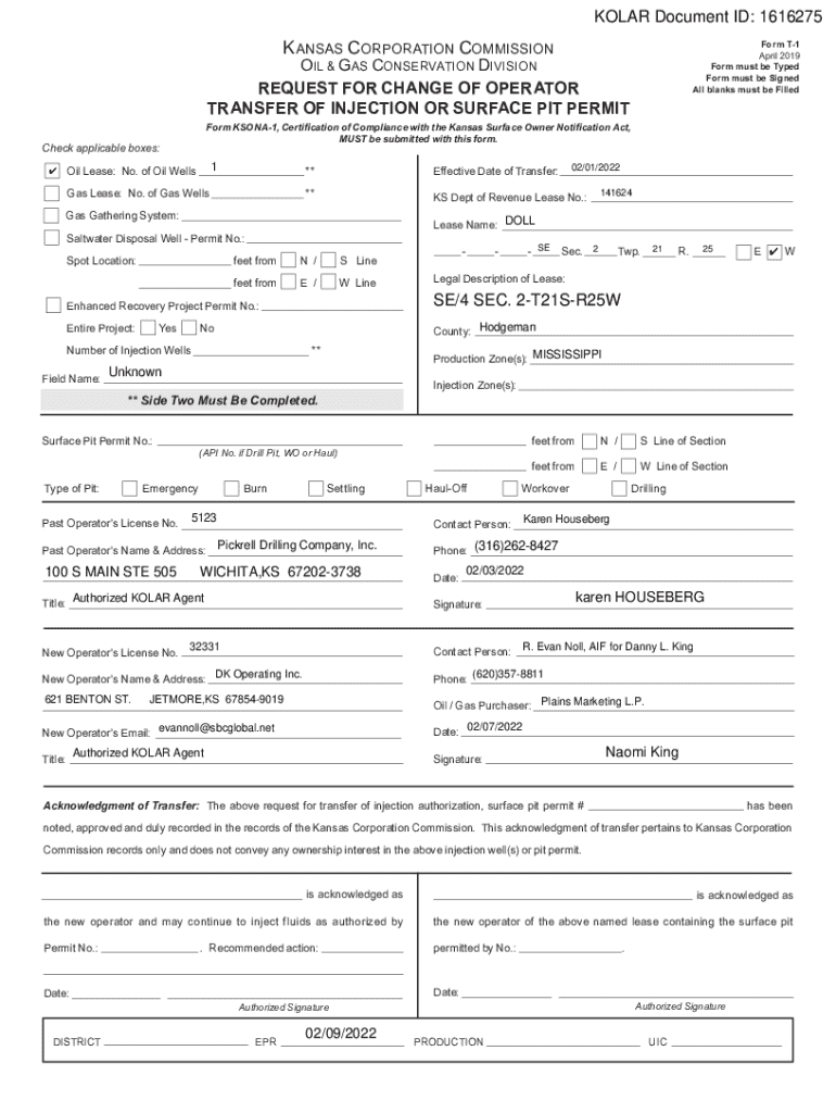 Fillable Online Request for Change of Operator and Transfer of ...