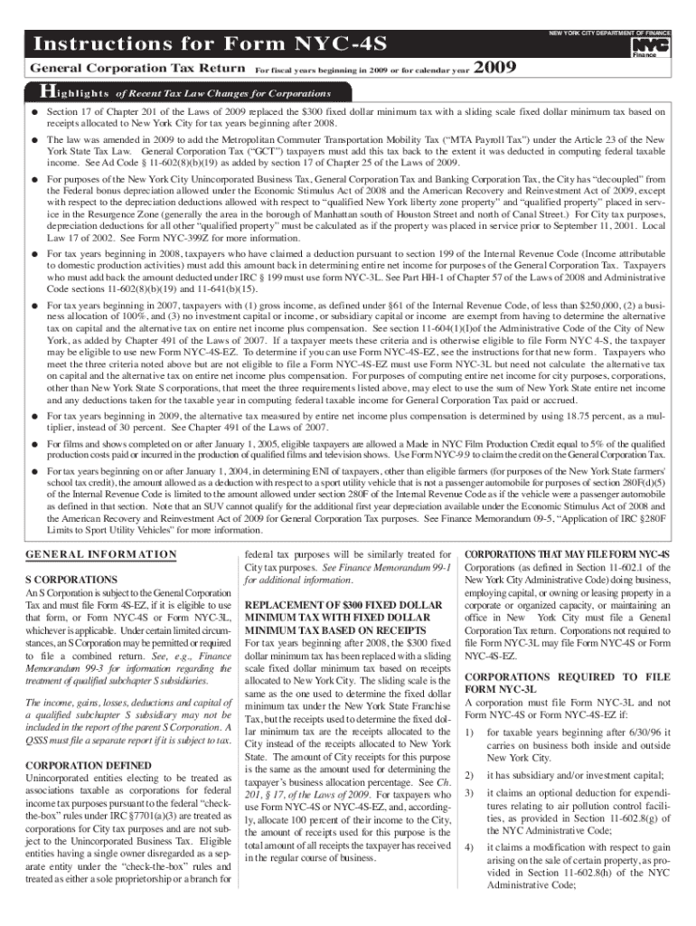 Fillable Online Instructions for Form Nyc-4s - General Corporation Tax Return Fax Email Print ...