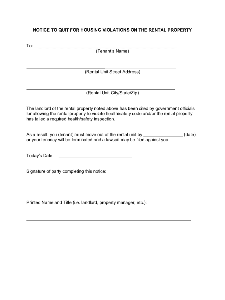 Fillable Online Notice to Quit for Housing Violations on the Rental ...