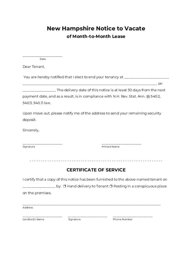 Fillable Online New Hampshire 30-Day Notice to QuitLease Termination ... Fax Email Print - pdfFiller
