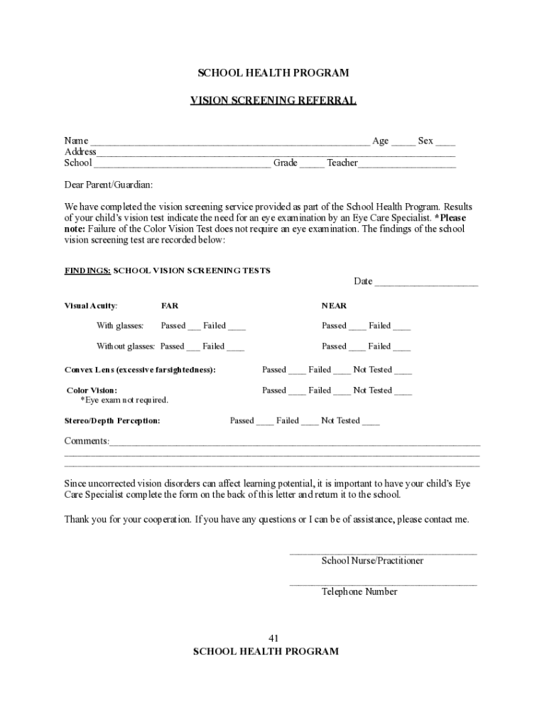 Fillable Online Vision Screening Referral for Students Fax Email Print ...