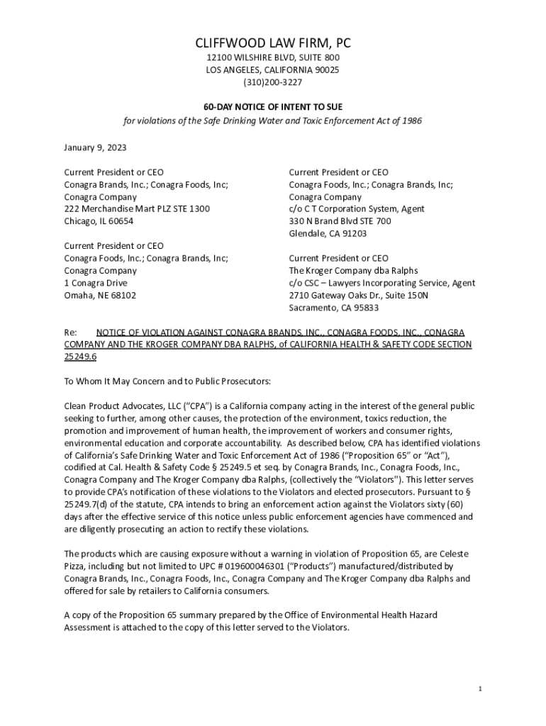 Fillable Online Notice of Intent to Sue for Violations of the Safe Drinking Water and Toxic ...