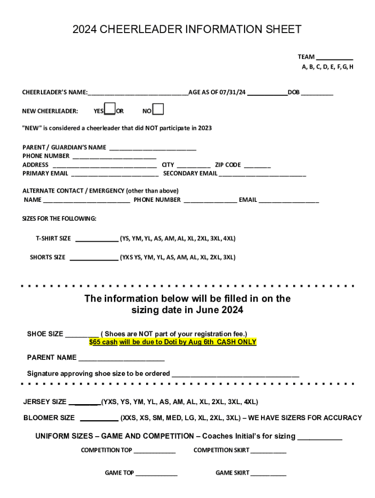 Fillable Online 2024 CHEERLEADER INFORMATION SHEET - cloudfront.net Fax Email Print - pdfFiller