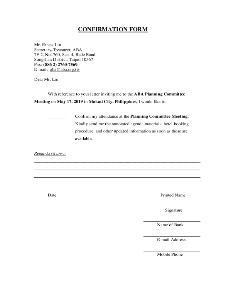 Fillable Online Confirmation of Attendance at the Aba Planning Committee Meeting Fax Email Print ...