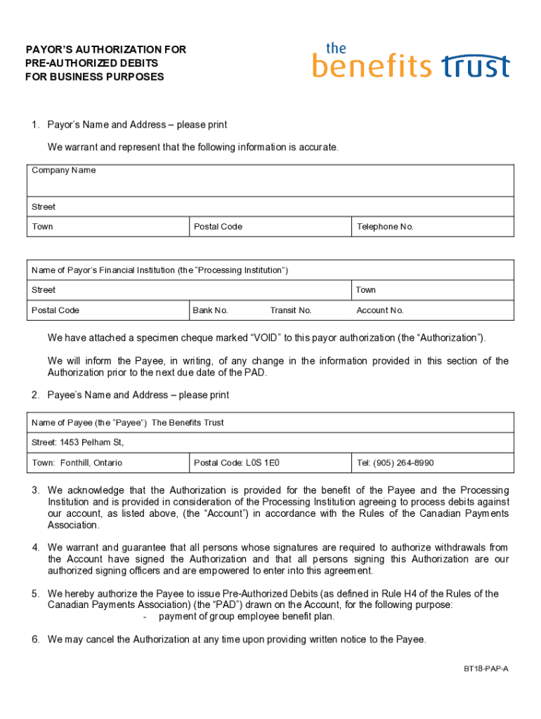 Fillable Online Payor's Authorization for Pre-authorized Debits Fax Email Print - pdfFiller