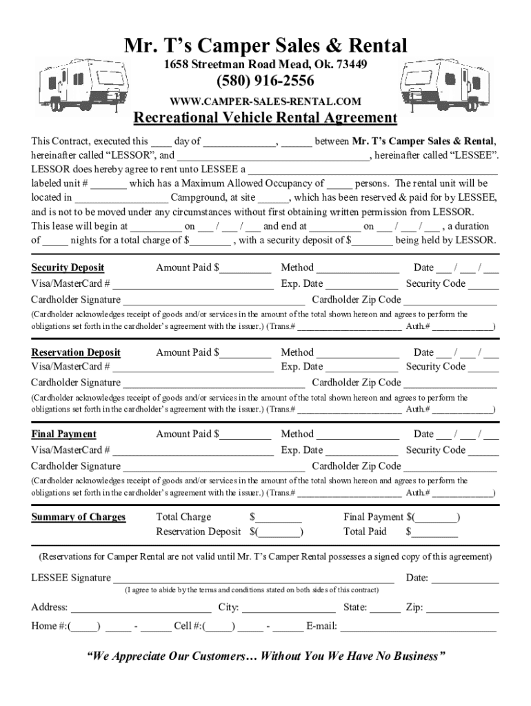 Fillable Online Mr. T’s Camper Sales & Rental Agreement Fax Email Print ...