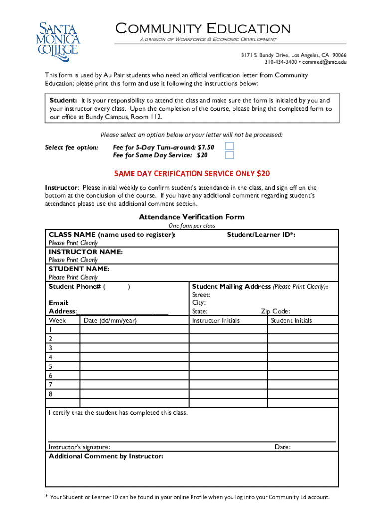 Fillable Online Community Education Attendance Verification Fax Email ...