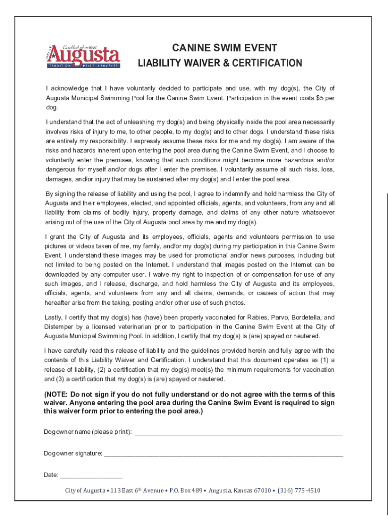 Fillable Online Canine Swim Liability Waiver Form Fax Email Print ...