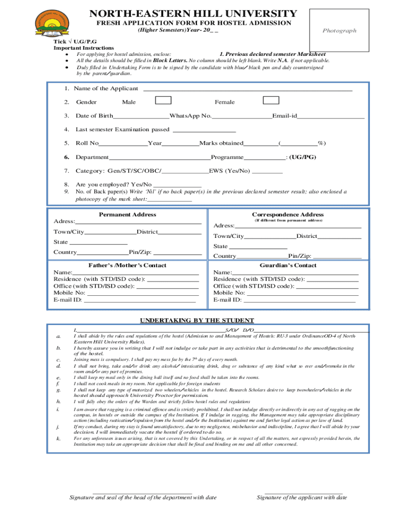 Fillable Online Hostel Admission Application for Higher Semesters Fax ...