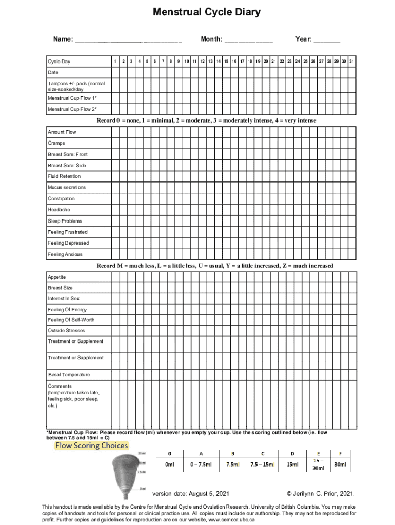 Fillable Online Menstrual Cycle Diary Fax Email Print - pdfFiller