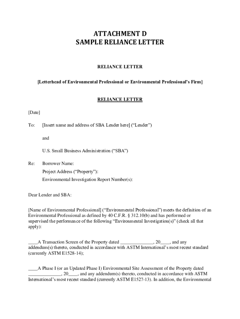 Fillable Online ATTACHMENT D SAMPLE RELIANCE LETTER Fax Email Print ...