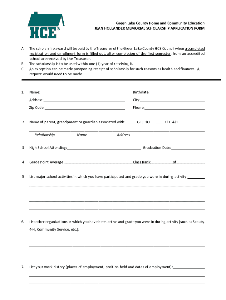 Fillable Online Jean Hollander Memorial Scholarship Application Fax ...