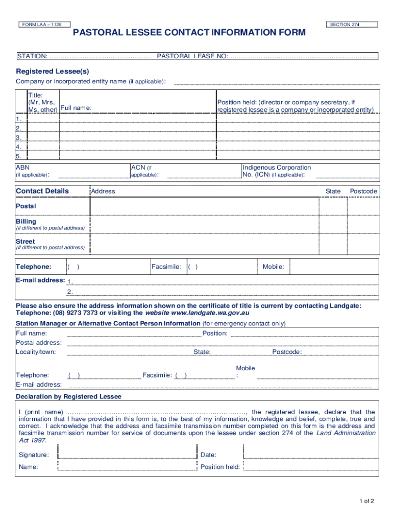 Fillable Online Pastoral Lessee Contact Information Form Fax Email ...