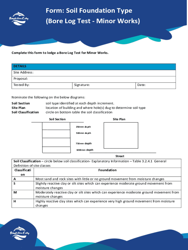 Fillable Online Form: Soil Foundation Type (Bore Log Test - Minor Works ...