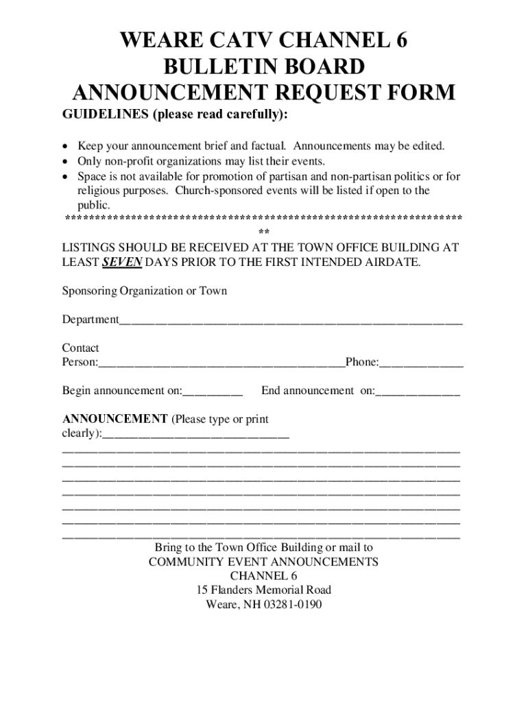 Fillable Online Weare Catv Channel 6 Bulletin Board Fax Email Print ...